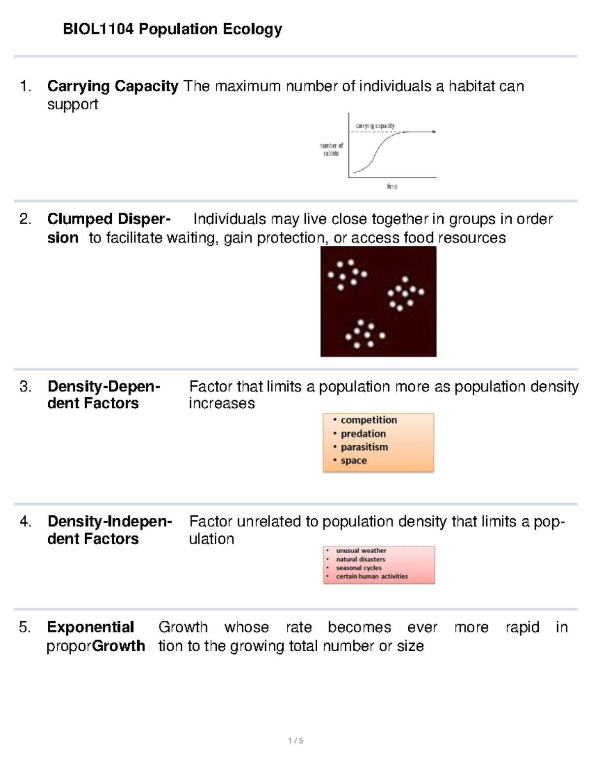 Biol1104 Population Ecology notes - Carrying Capacity The maximum ...