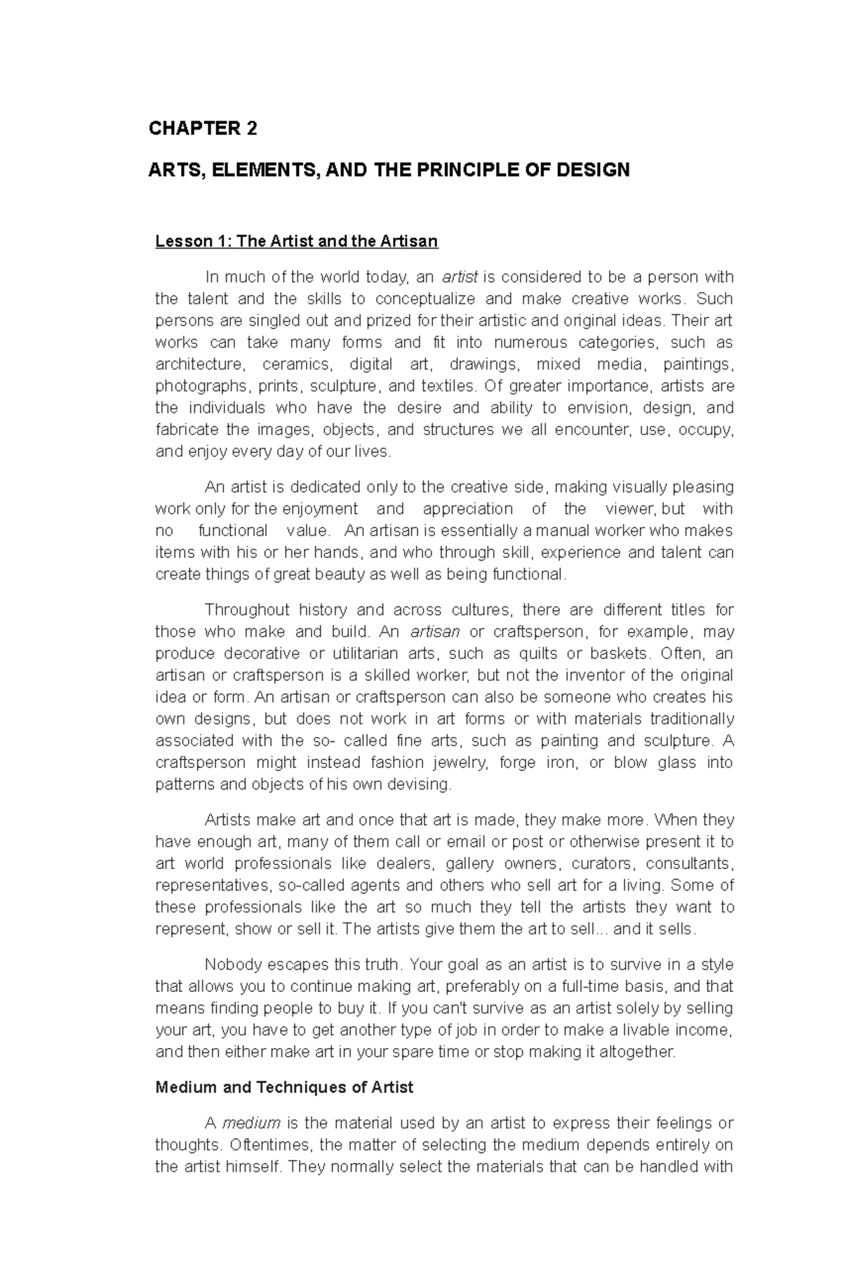 HUM 100 Chapter 2 Art Appreciation - CHAPTER 2 ARTS, ELEMENTS, AND THE ...