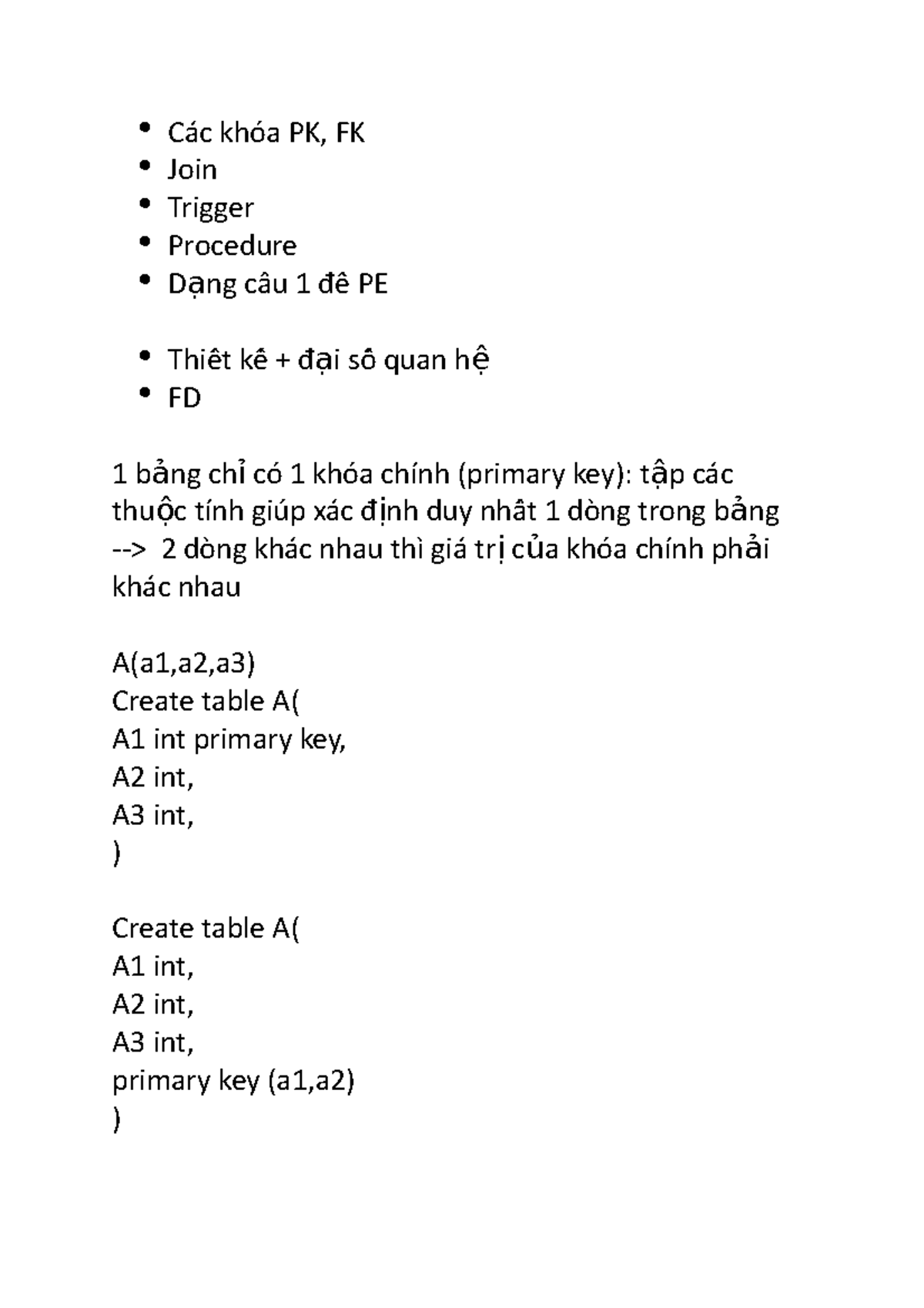 Note Phụ đạo DBI202 Su2023 - Các khóa PK, FK Join Trigger Procedure D ...