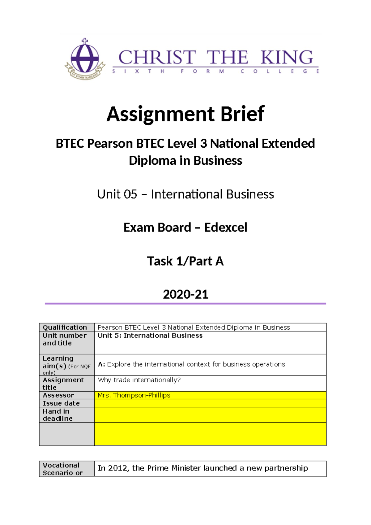UNIT5Assignment Brief PART 1a Learning AIM A 2021 - Assignment Brief BTEC Pearson BTEC Level 3 ...