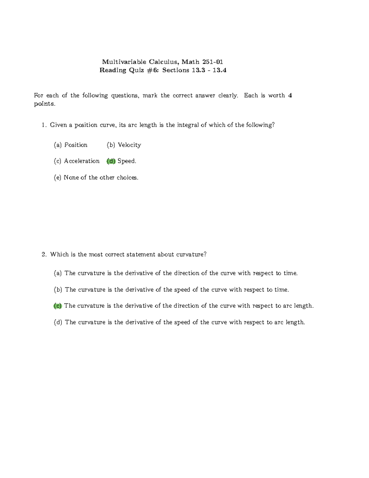 Reading Quiz 13.3 - 13.4 - Multivariable Calculus, Math 251- Reading Quiz #6: Sections 13 - 13 ...