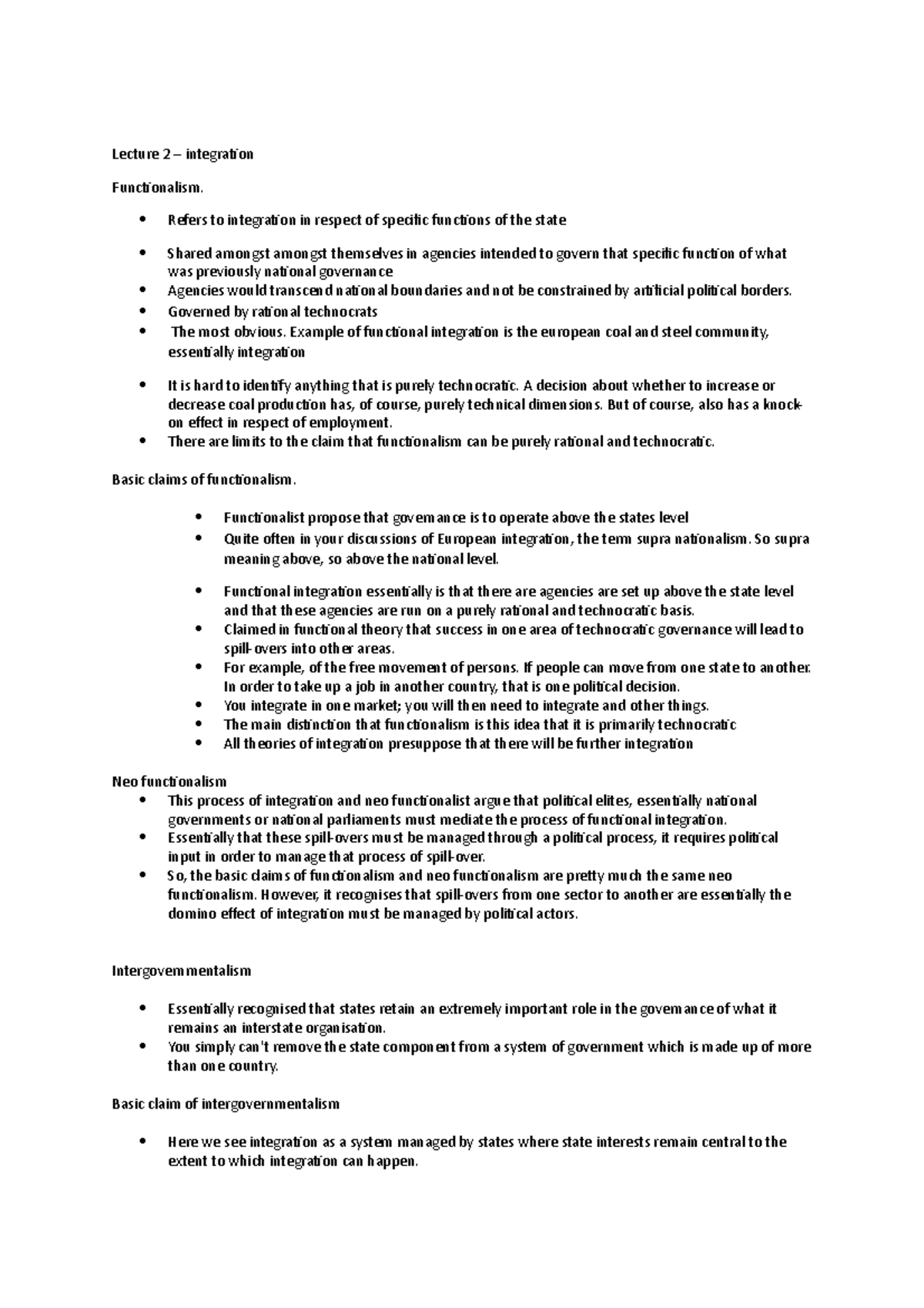EU LAW Notes - Lecture 2 – integration Functionalism. Refers to ...