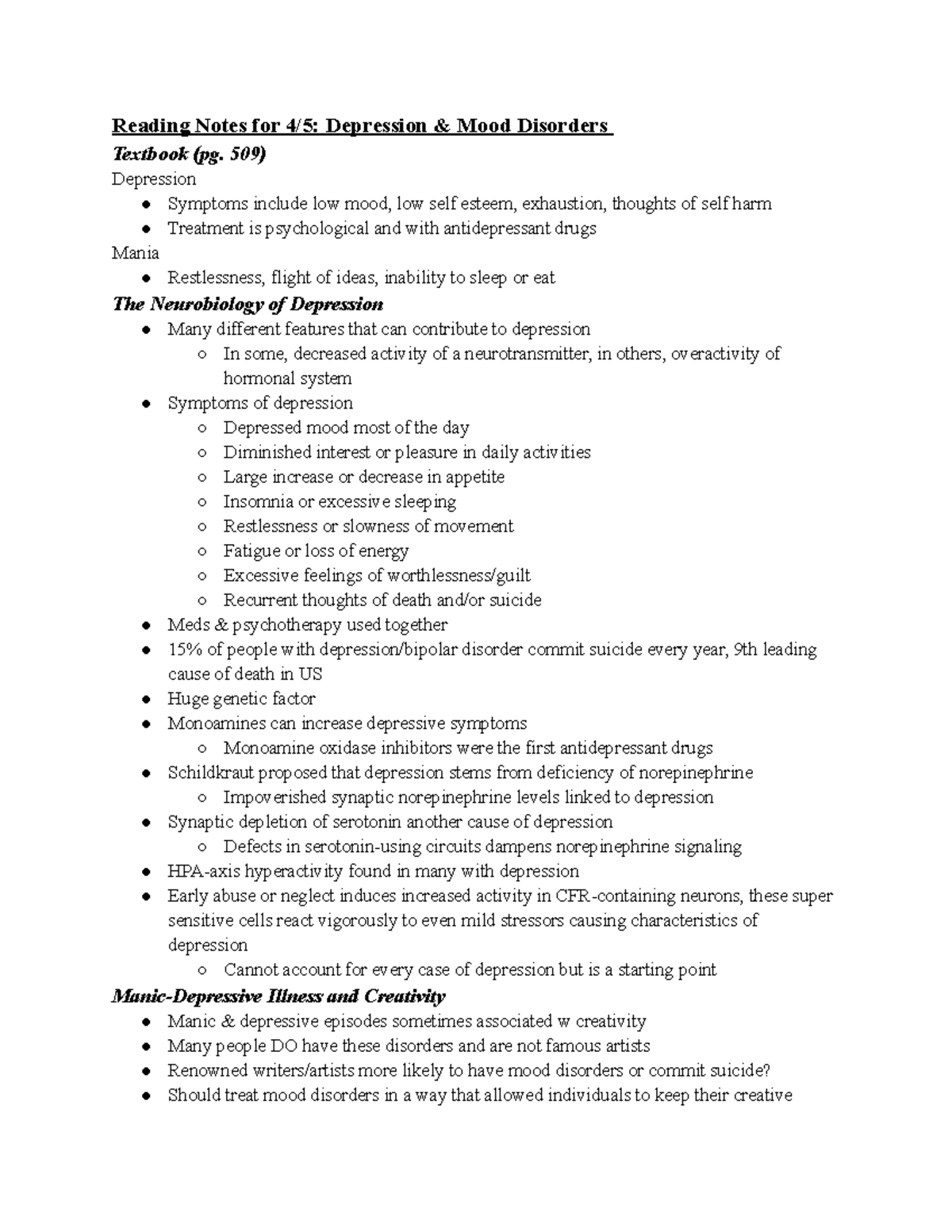 ANT 333 Reading Notes - Reading Notes for 4/5: Depression & Mood ...