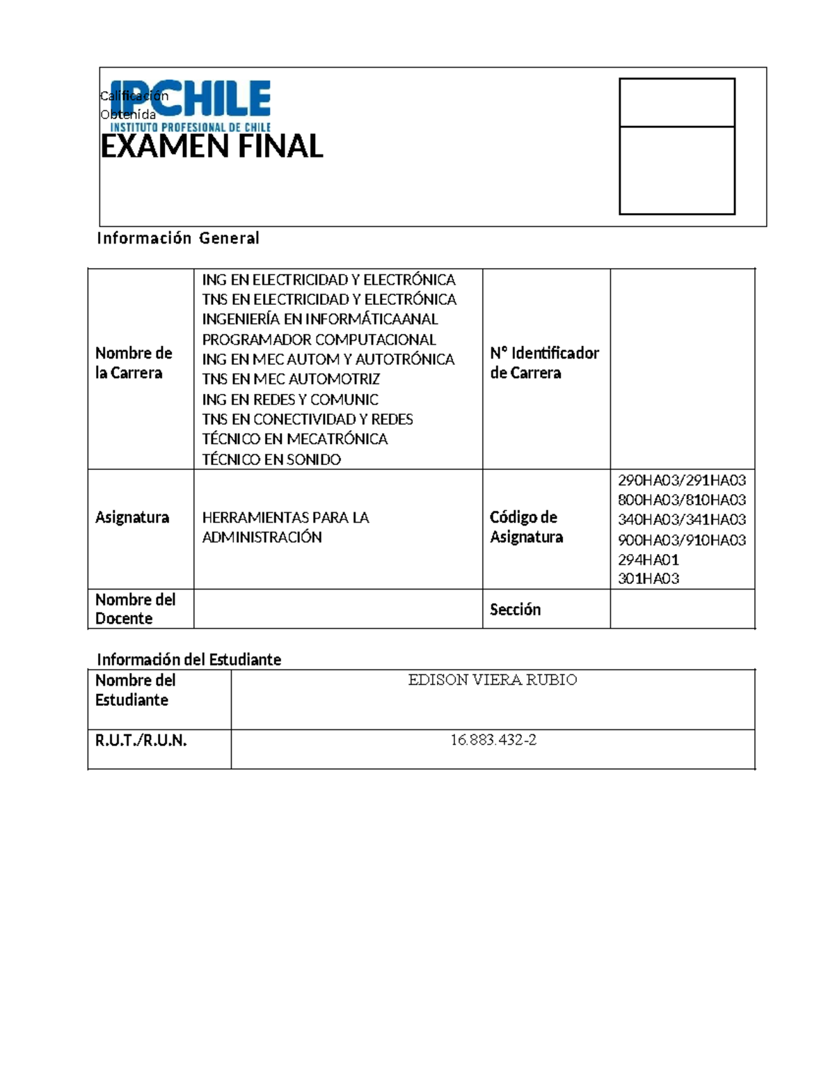 Examen final Ipchile Herramientas para la administracion - Calificación ...
