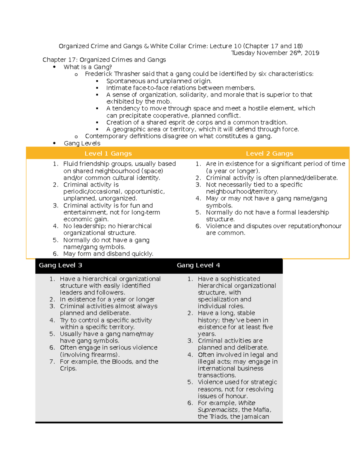Crim; Chapter 17 and 18 Class Notes - Organized Crime and Gangs & White ...