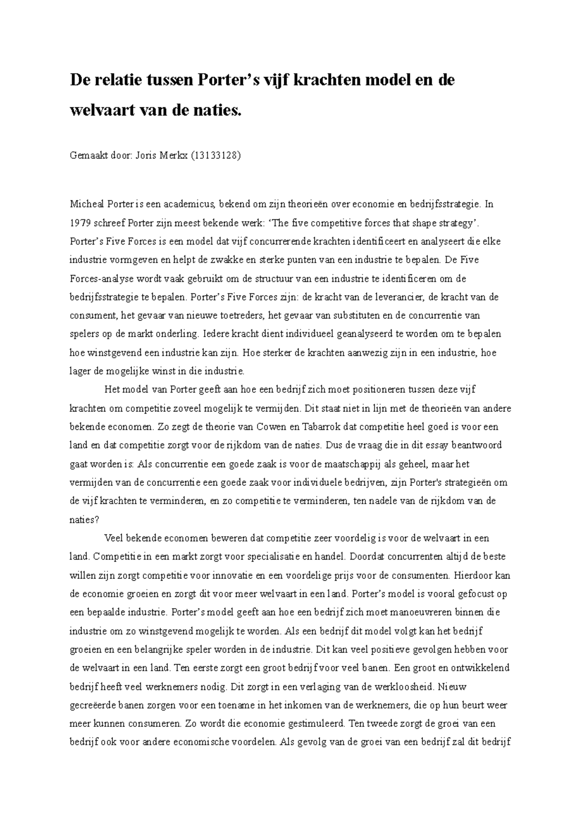 Micheal Porter paper - De relatie tussen Porter’s vijf krachten model ...