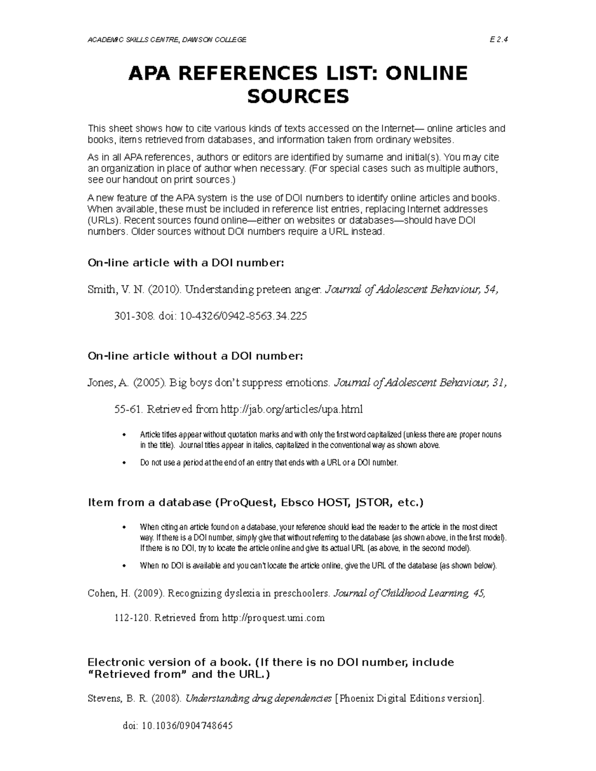 E2 - APA - ACADEMIC SKILLS CENTRE, DAWSON COLLEGE E 2. APA REFERENCES ...