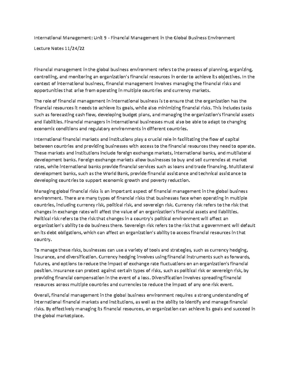 Unit 9 - Financial Management in the Global Business Environment - In ...