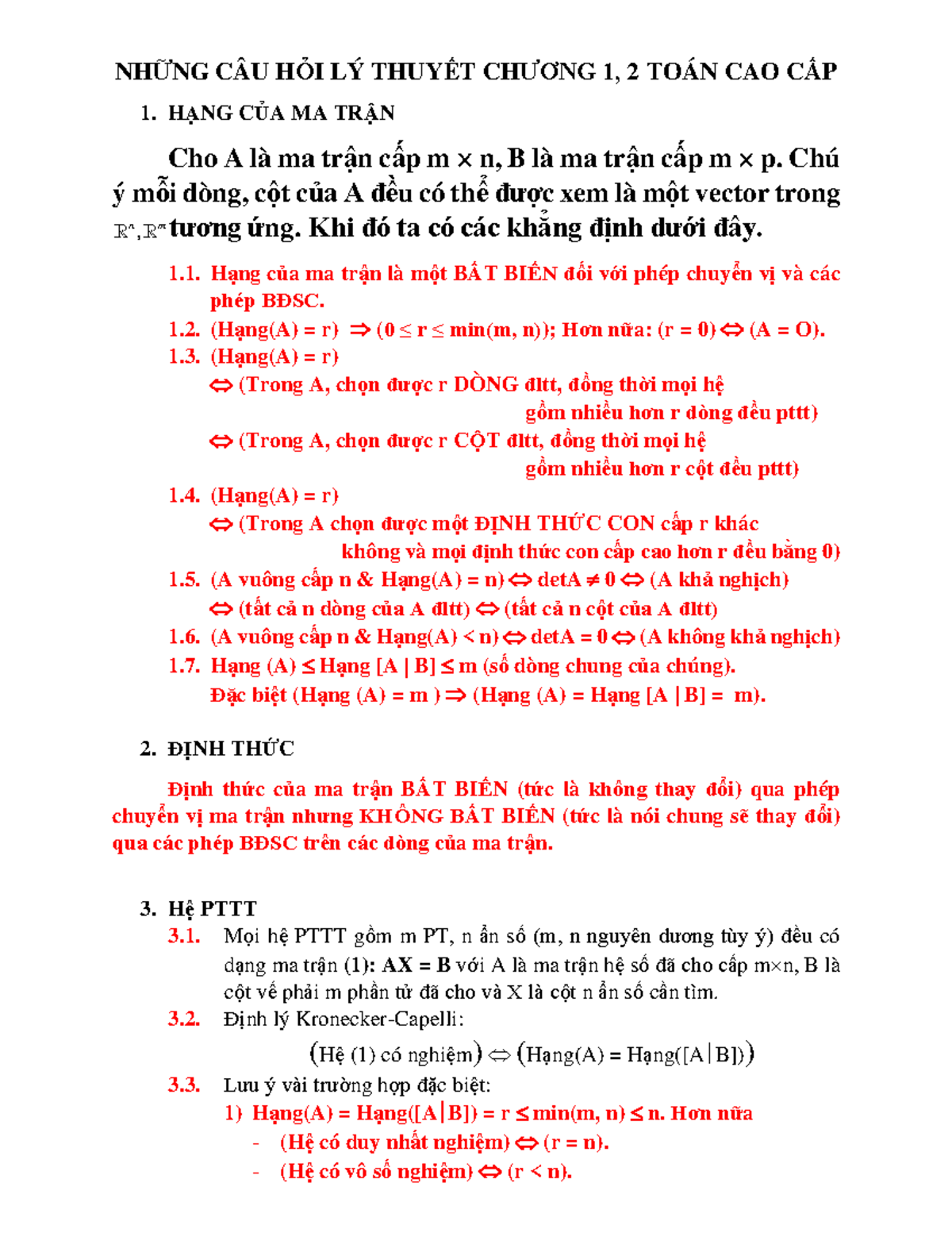 Nhung Luu YVe Ly Thuyet Chuong 12 - NHỮNG CÂU HỎI LÝ THUYẾT CHƯƠNG 1, 2 TOÁN CAO CẤP 1. HẠNG CỦA ...