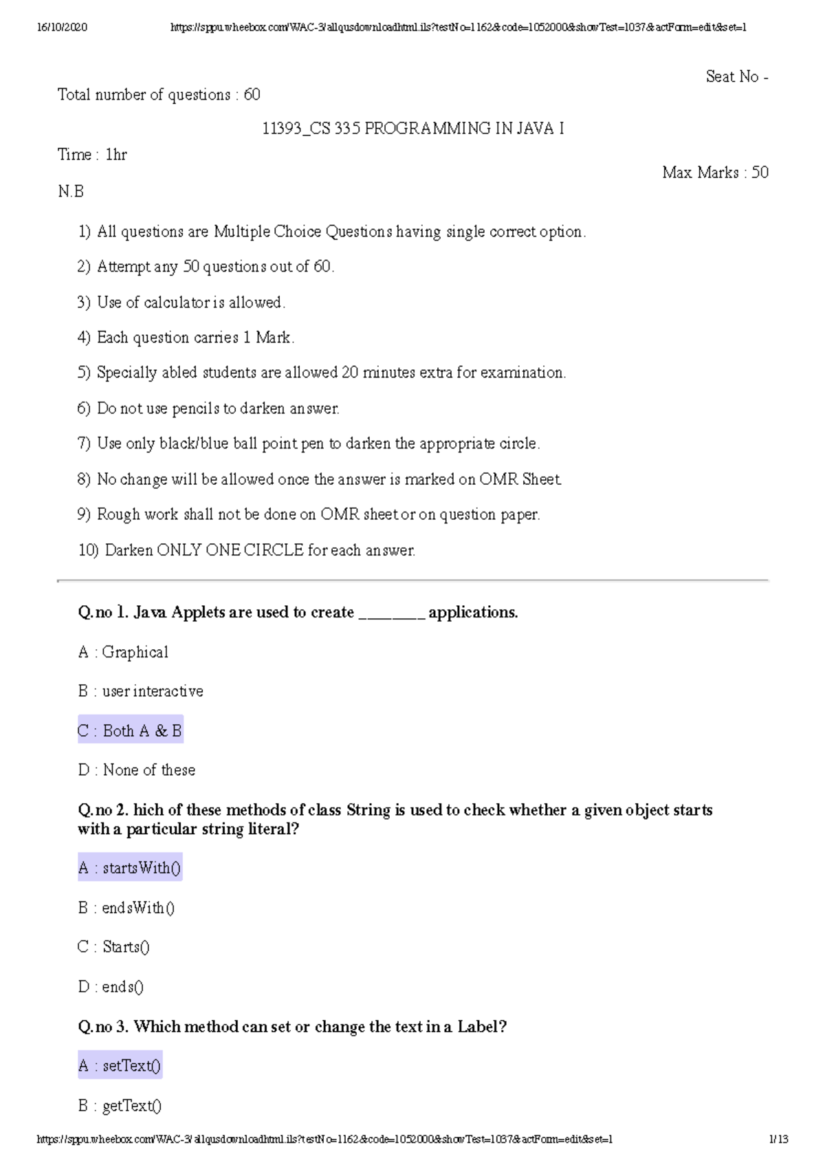 Javaq 6 - Java MCQ's - Total number of questions : 60 Seat No - 11393 ...