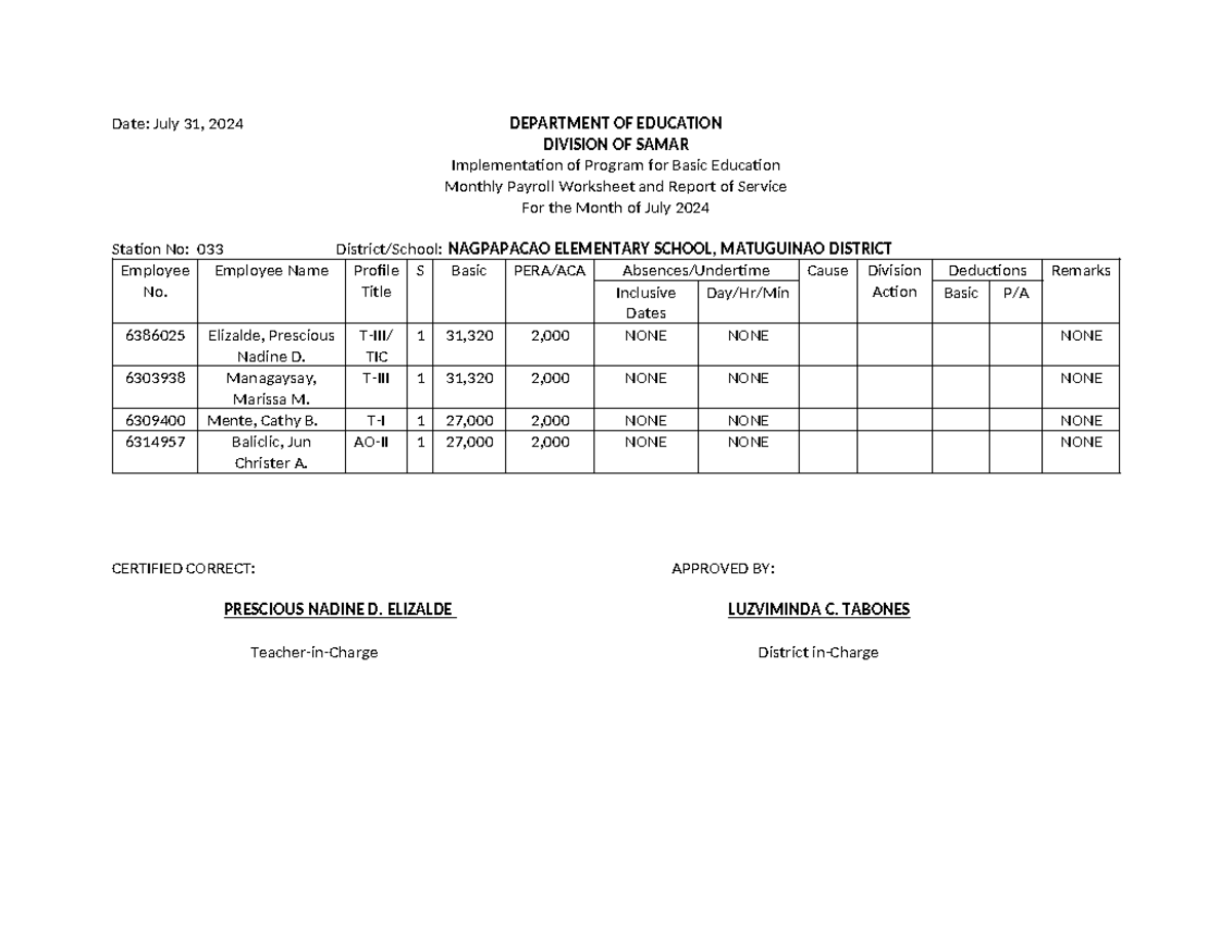 Form 7 service report - Date: July 31, 2024 DEPARTMENT OF EDUCATION ...