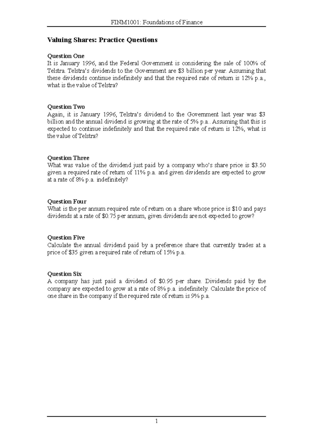 2) Valuing Shares Practice Questions - FINM1001: Foundations of Finance ...