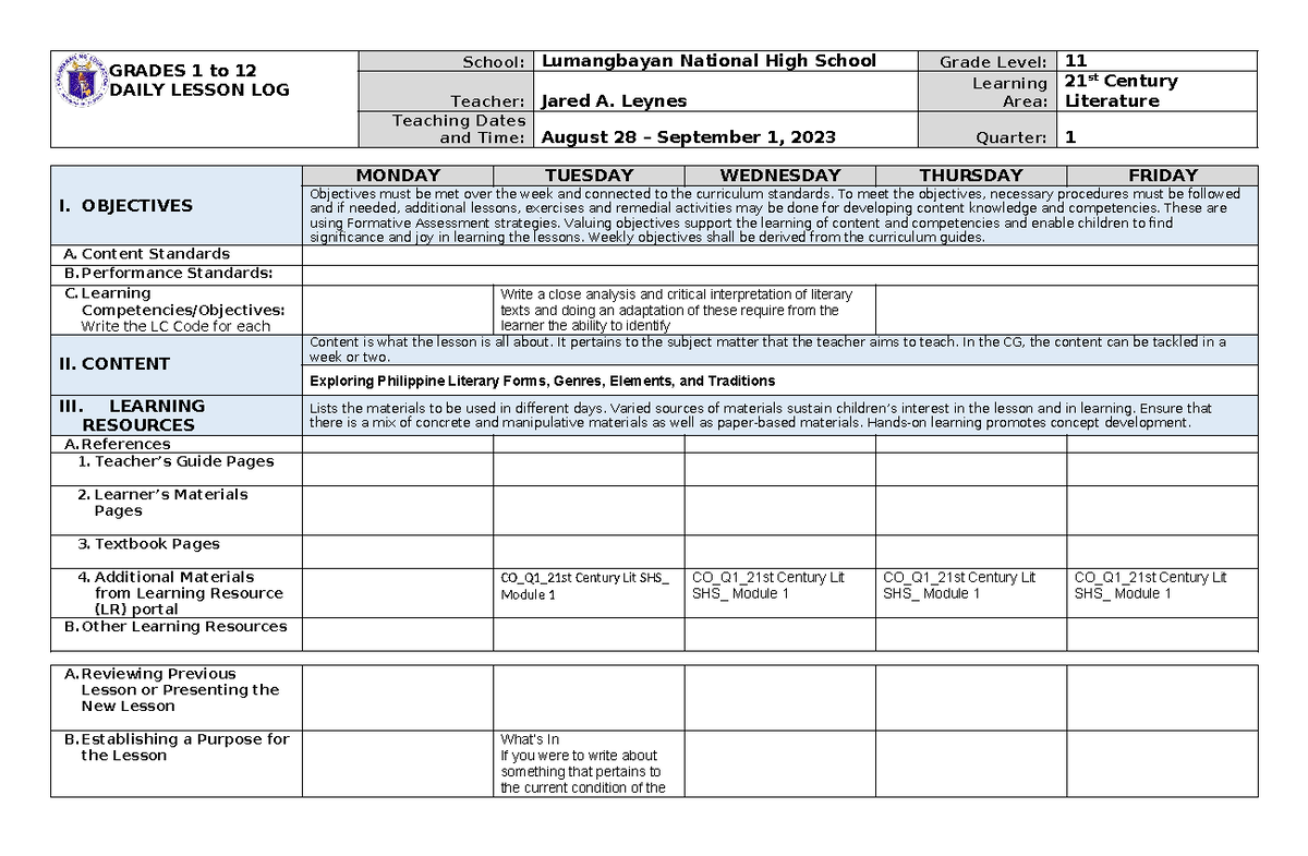 21st Week 1 - GRADES 1 to 12 DAILY LESSON LOG School: Lumangbayan ...