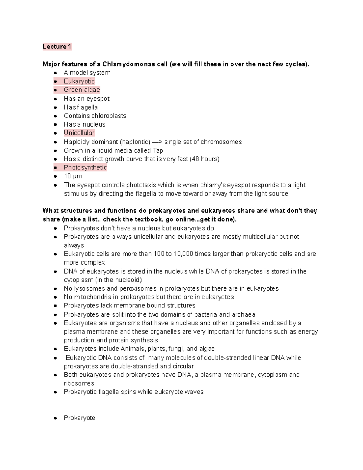 Bio 1002 Cycle 1 outcomes - Lecture 1 Major features of a Chlamydomonas ...