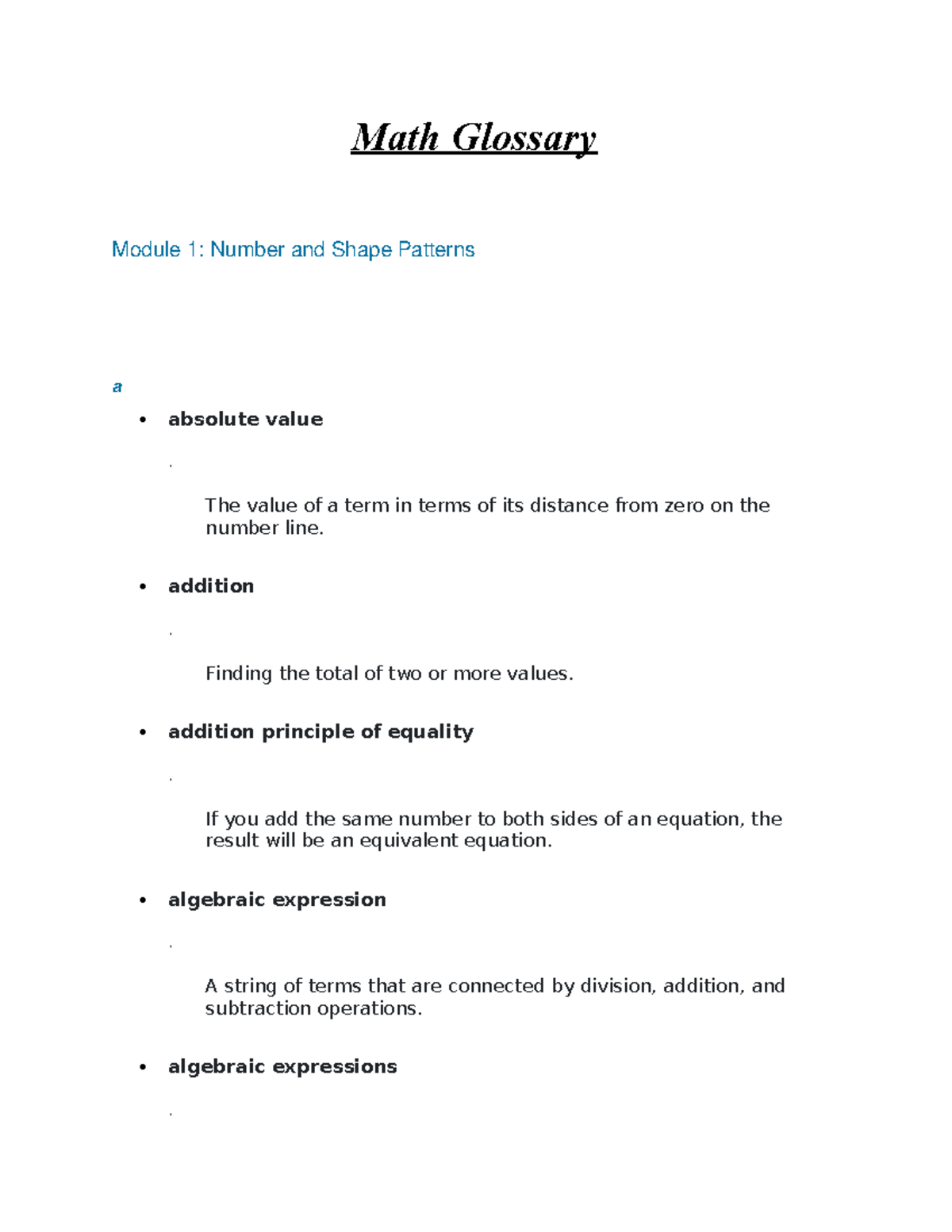 Math Glossary - N/A - Math Glossary Module 1: Number and Shape Patterns ...