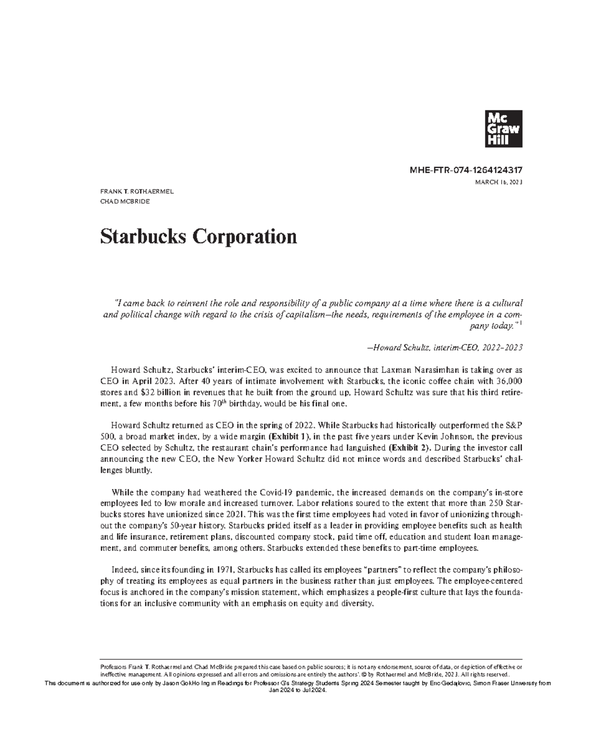 Starbucks Corporation - MHE-FTR-074- MARCH 16, 2023 FRANK T. ROTHAERMEL CHAD MCBRIDE Starbucks ...