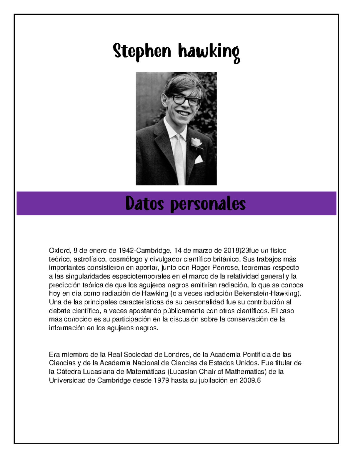 Stephen hawking - lectura - Stephen hawking Oxford, 8 de enero de 1942 ...