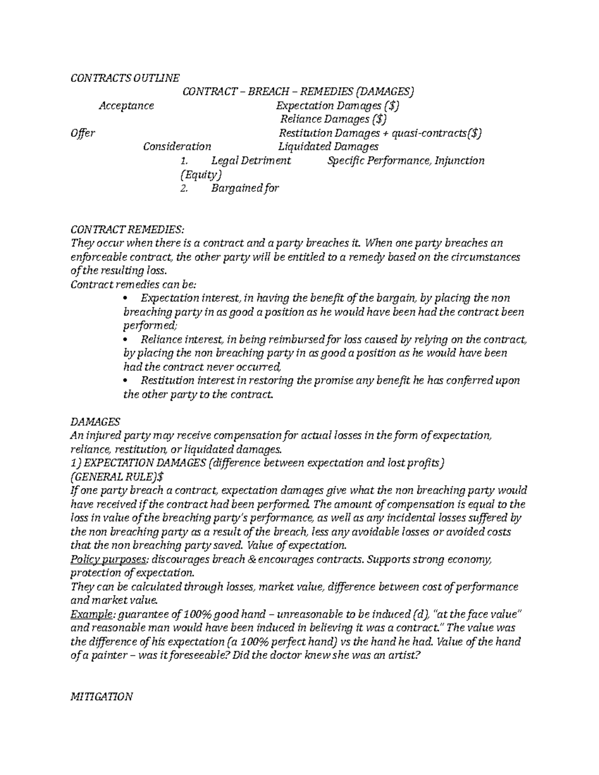 Contracts Outline - CONTRACTS OUTLINE CONTRACT – BREACH – REMEDIES ...