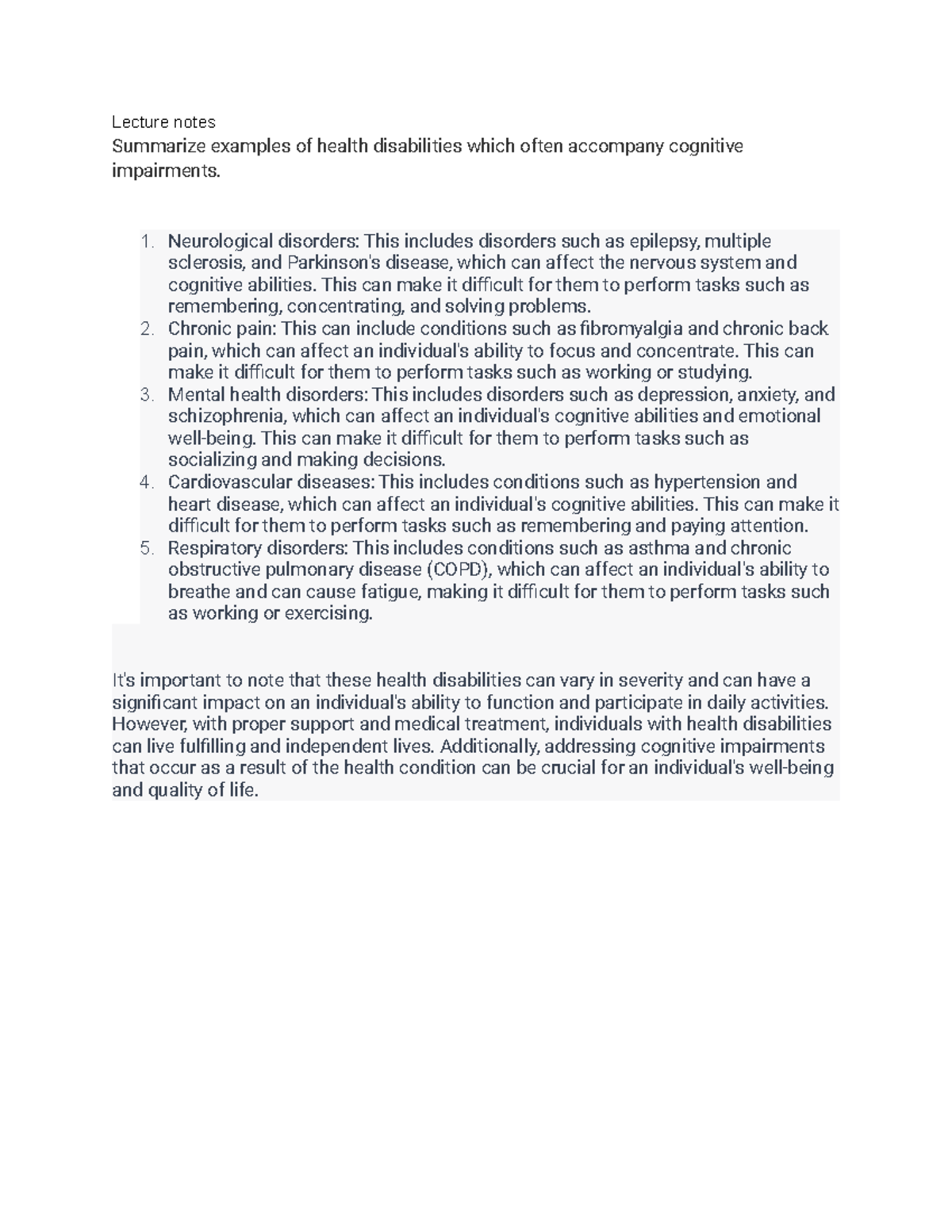 SPE 105(6 - Summarize examples of health disabilities which often ...