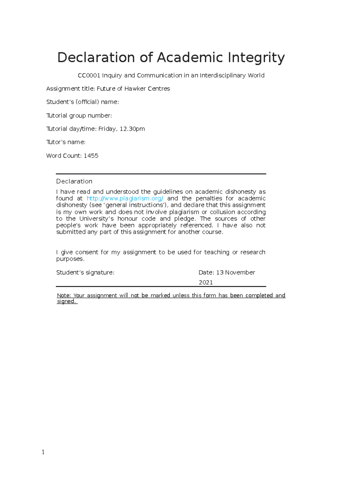 CC0001 Op Ed - Op ed assignment - Declaration of Academic Integrity ...