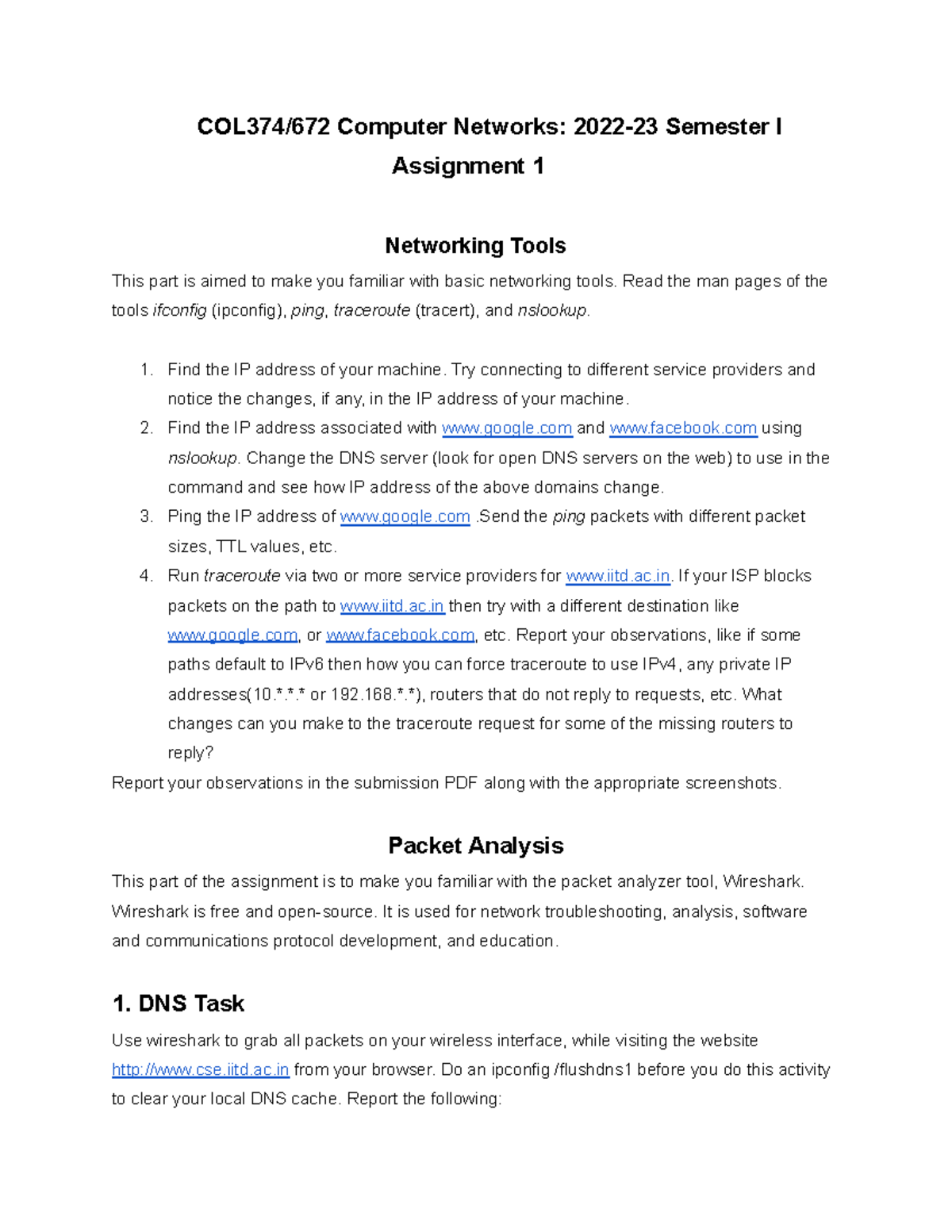 Assignment 1 - COL374/672 Computer Networks: 2022-23 Semester I Assignment 1 Networking Tools ...