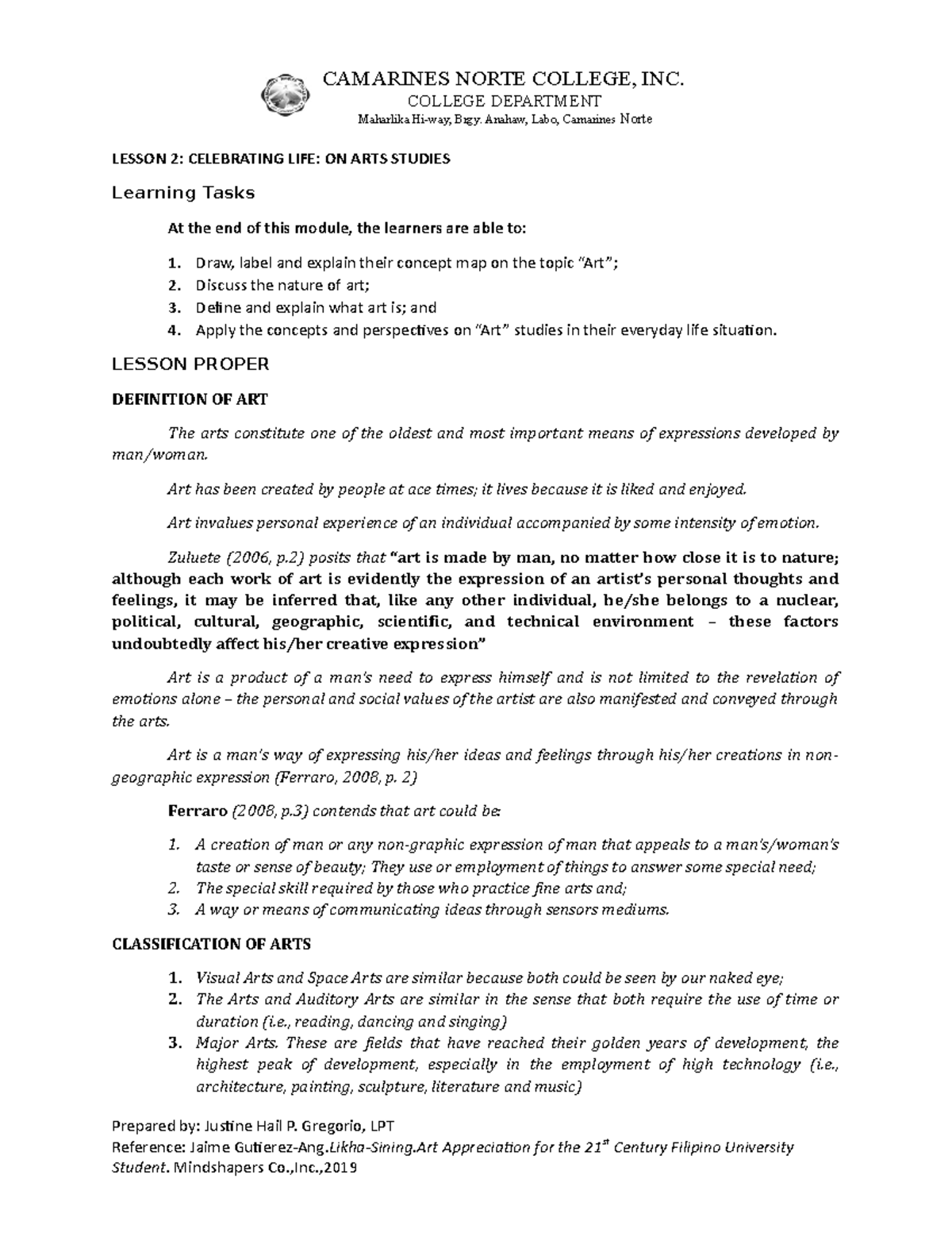 ART Appreciation Lesson 2-WEEK 2 - LESSON 2: CELEBRATING LIFE: ON ARTS ...