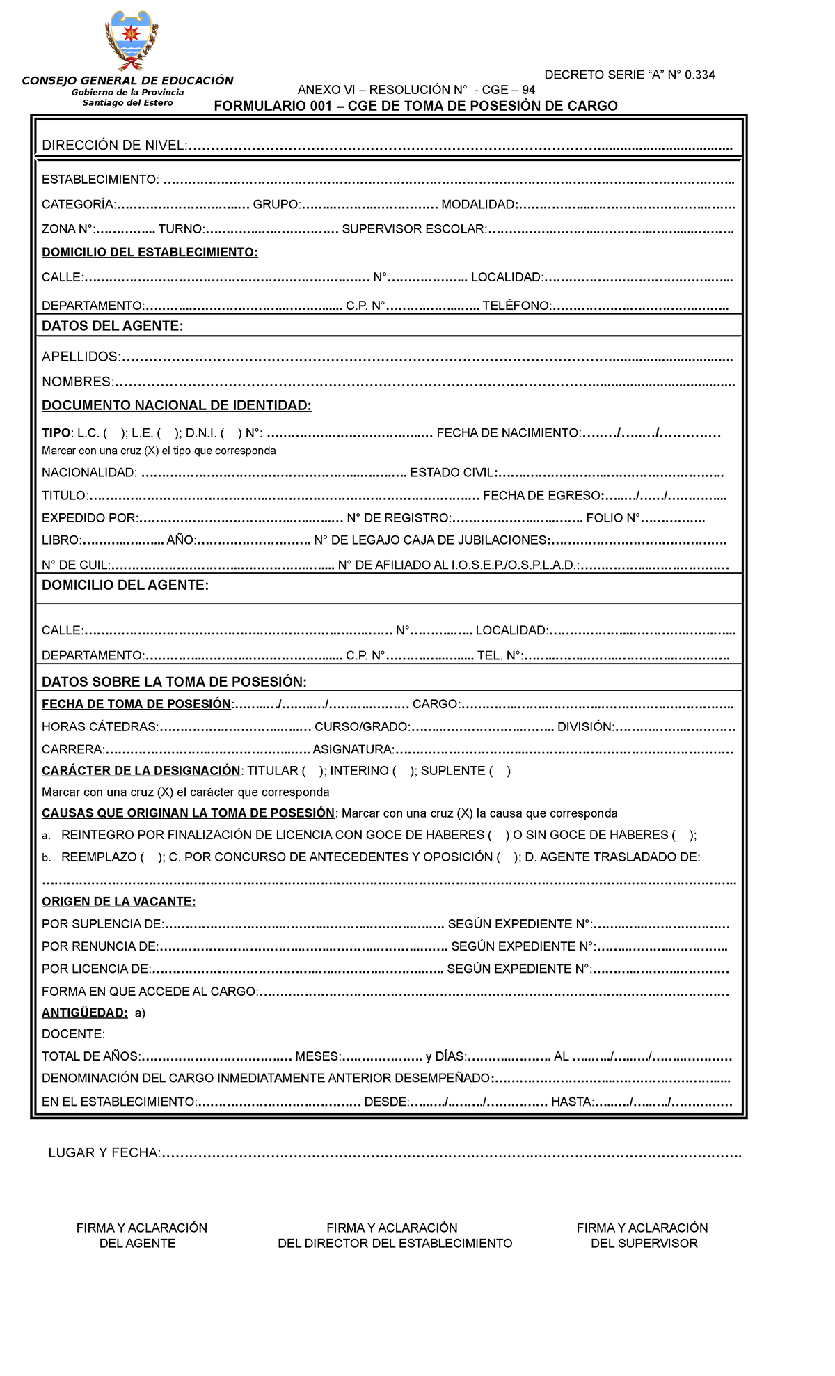 Formulario 001 de Toma de Posesion - DECRETO SERIE “A” N° 0. ANEXO VI ...