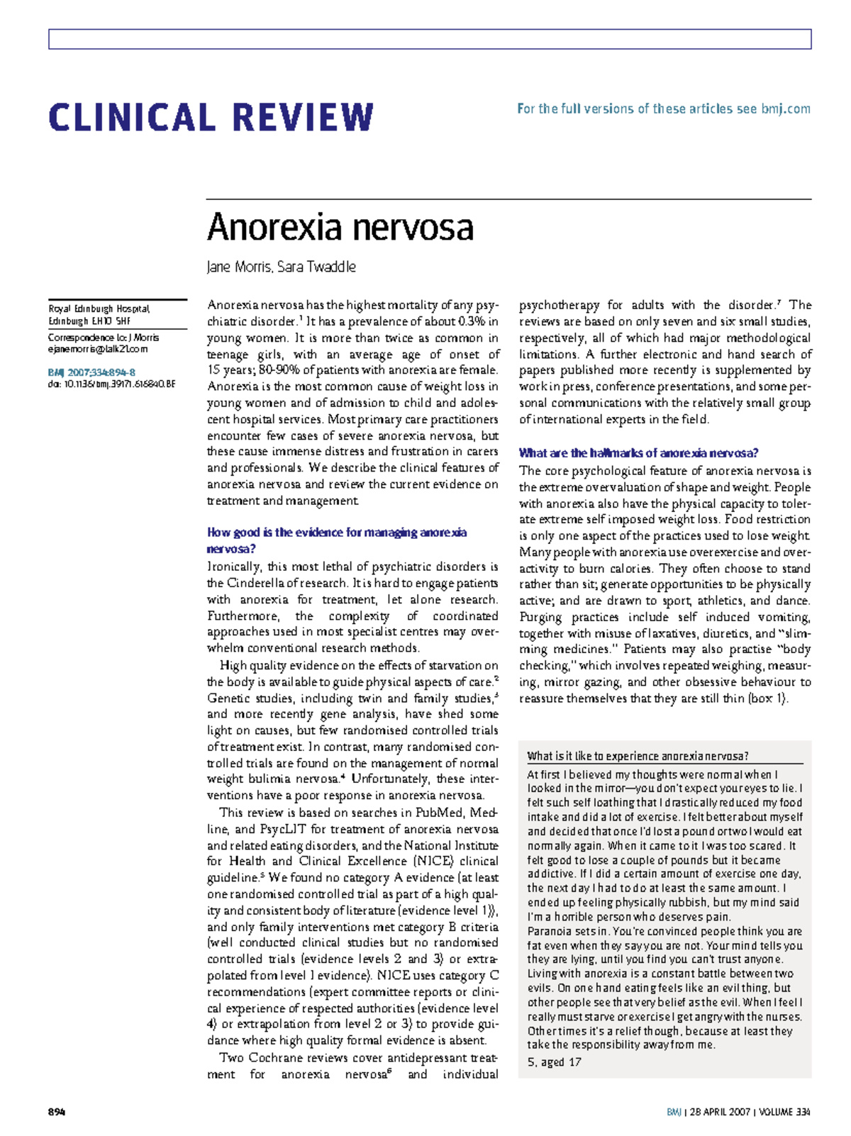 Anorexia nervosa - Article - CLINICAL REVIEW Anorexia nervosa Jane ...