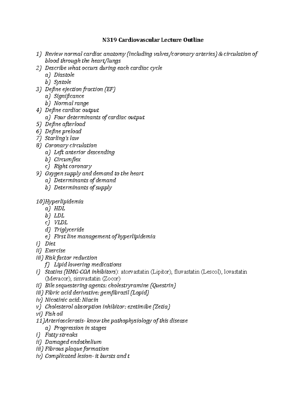 Cardiac Outline - N319 Cardiovascular Lecture Outline Review normal ...