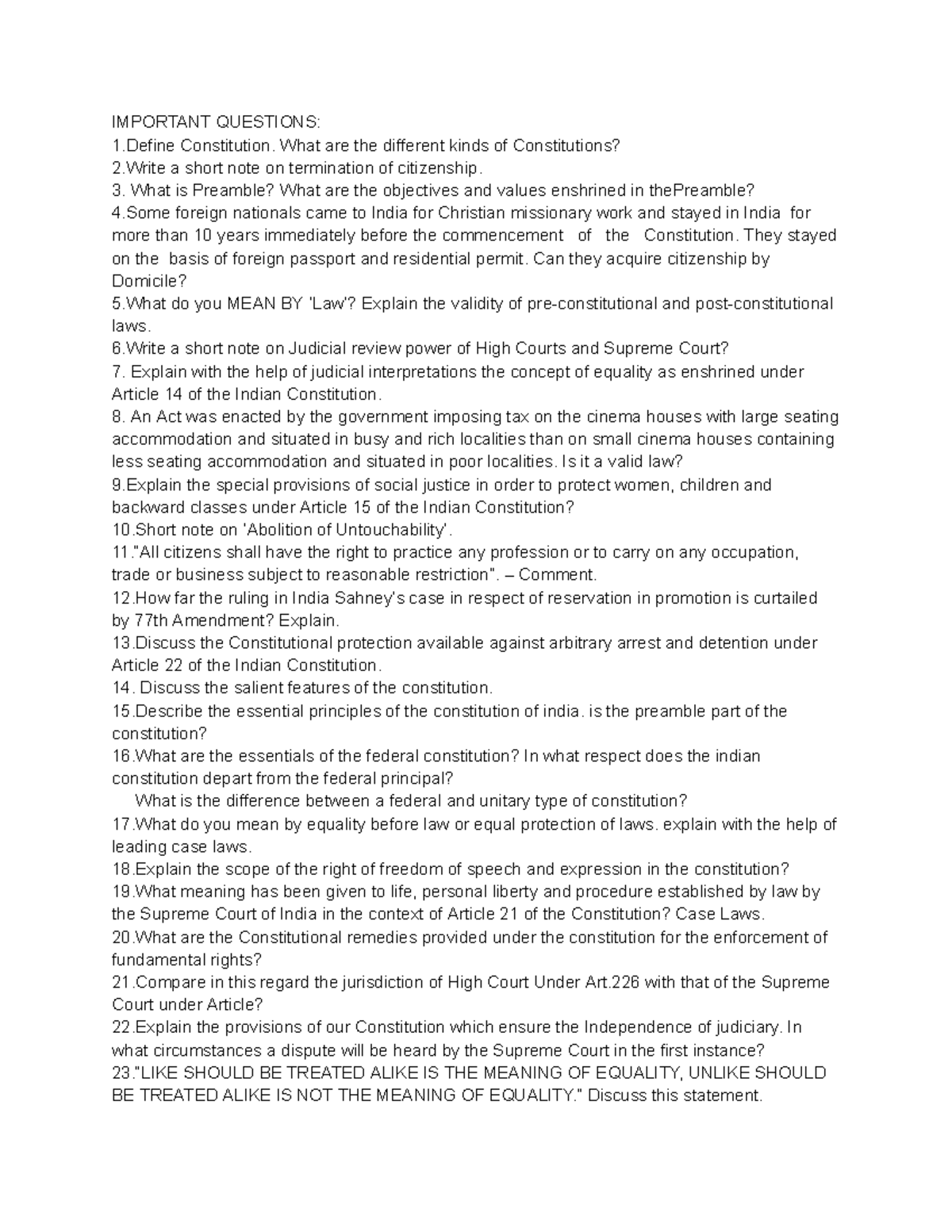 Constitution 1 impt ques - IMPORTANT QUESTIONS: 1 Constitution. What ...