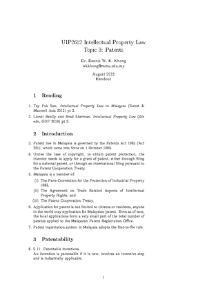 UIP2612 - Topic 4 - Industrial designs - Handout - UIP2612 Intellectual ...