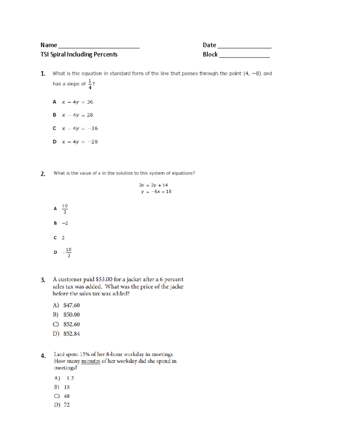 Test Spiral for math - Name ________________________ Date ...