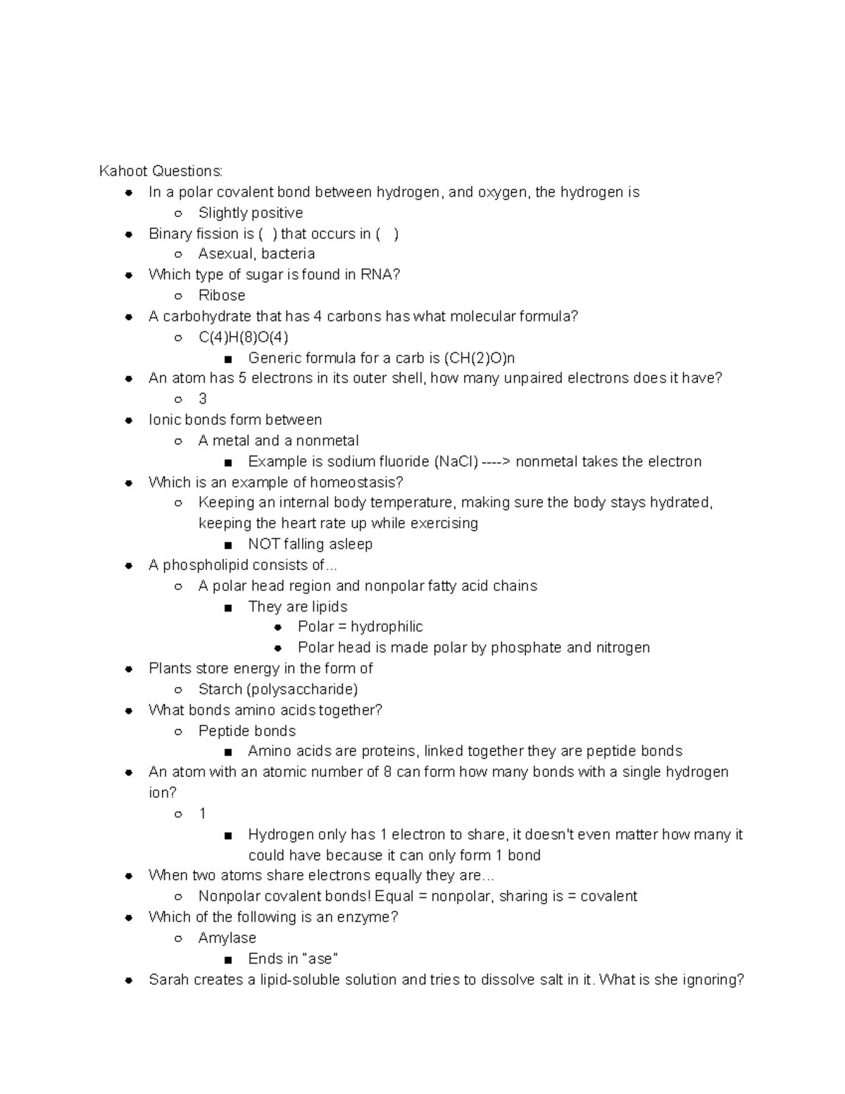 Exam 1 review bio 1001 - Kahoot Questions: In a polar covalent bond ...