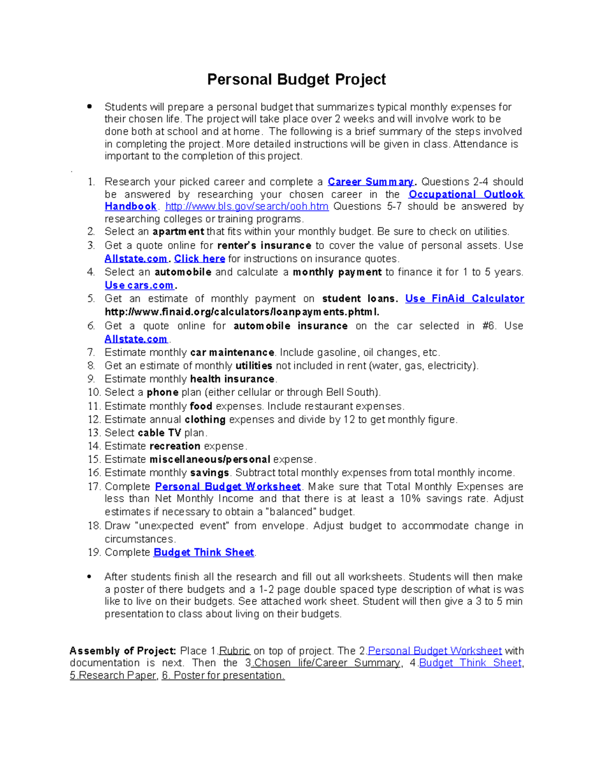 Personal Budget Project - The project will take place over 2 weeks and ...