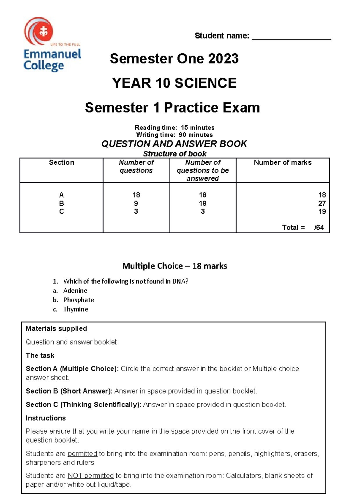 Answers Year 10 Exam 2023 Practice - Semester One 2023 YEAR 10 SCIENCE ...