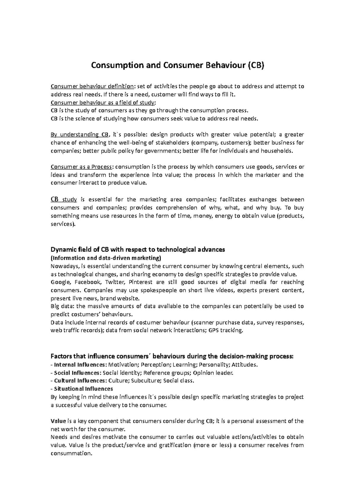 CBI Resume - Consumption and Consumer Behaviour (CB) Consumer behaviour ...