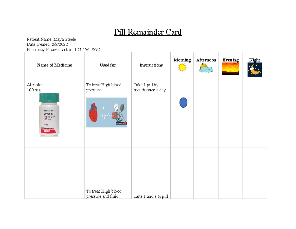 Pill card reminder for maya - Pill Remainder Card Patient Name: Maya ...