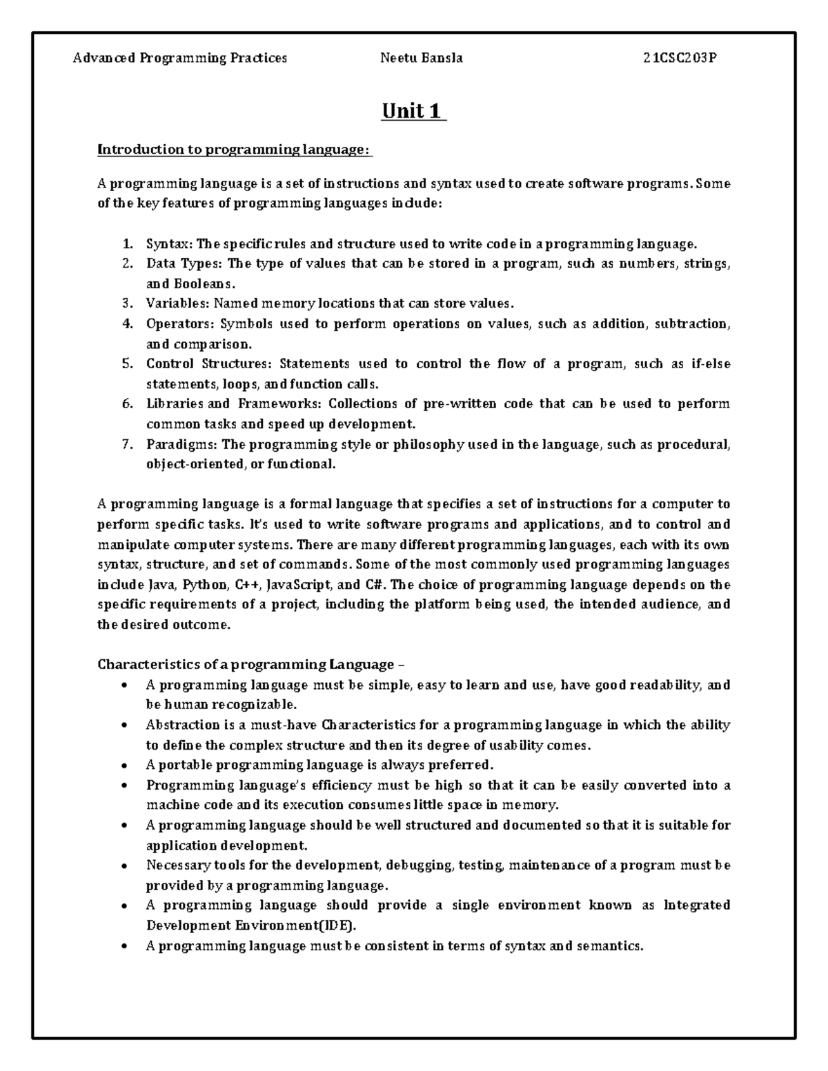 APP notes Unit-1 - Unit 1 Introduction to programming language: A ...