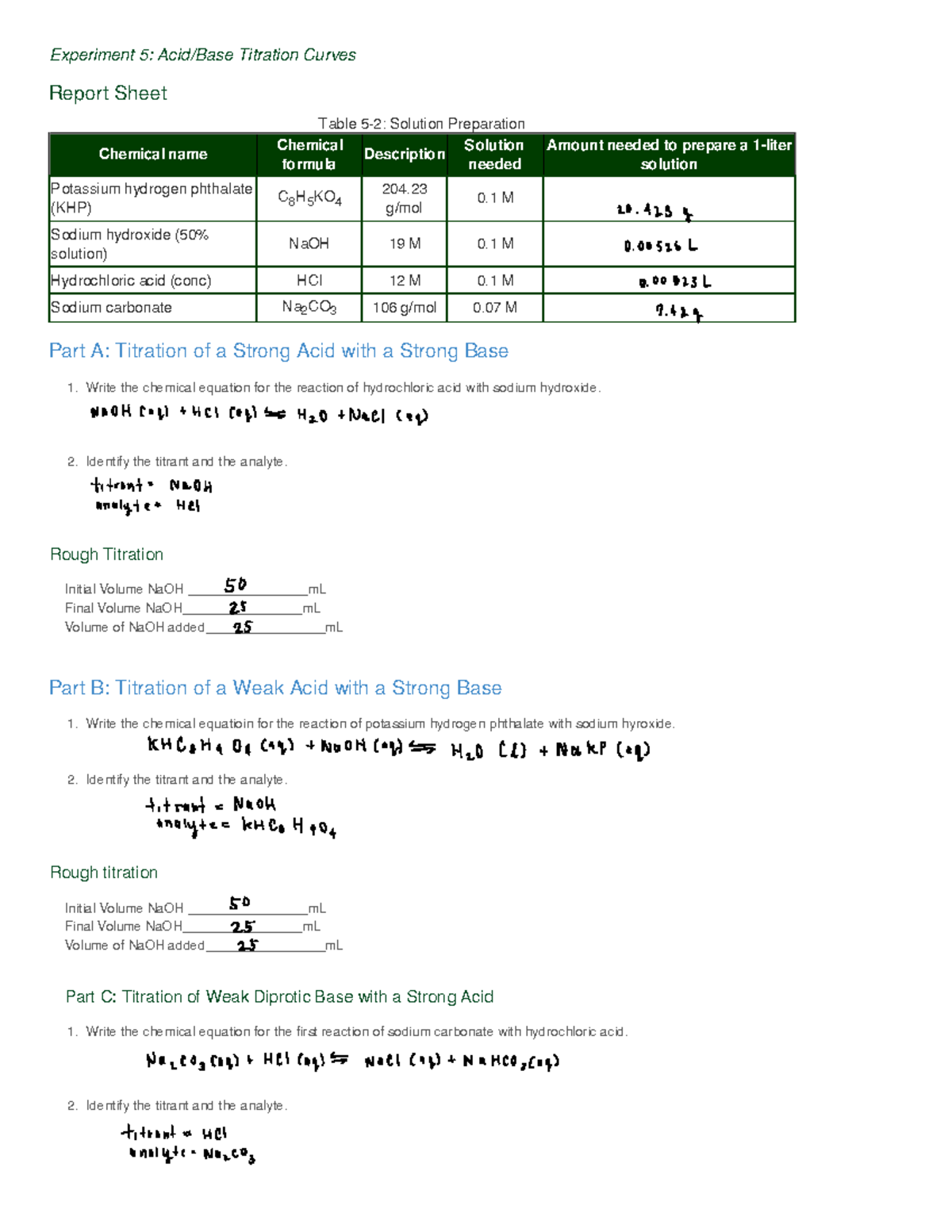 [Experiment 5 Acid Base Titration Curves] - Report Sheet - Experiment 5 : Acid/Base Titration ...