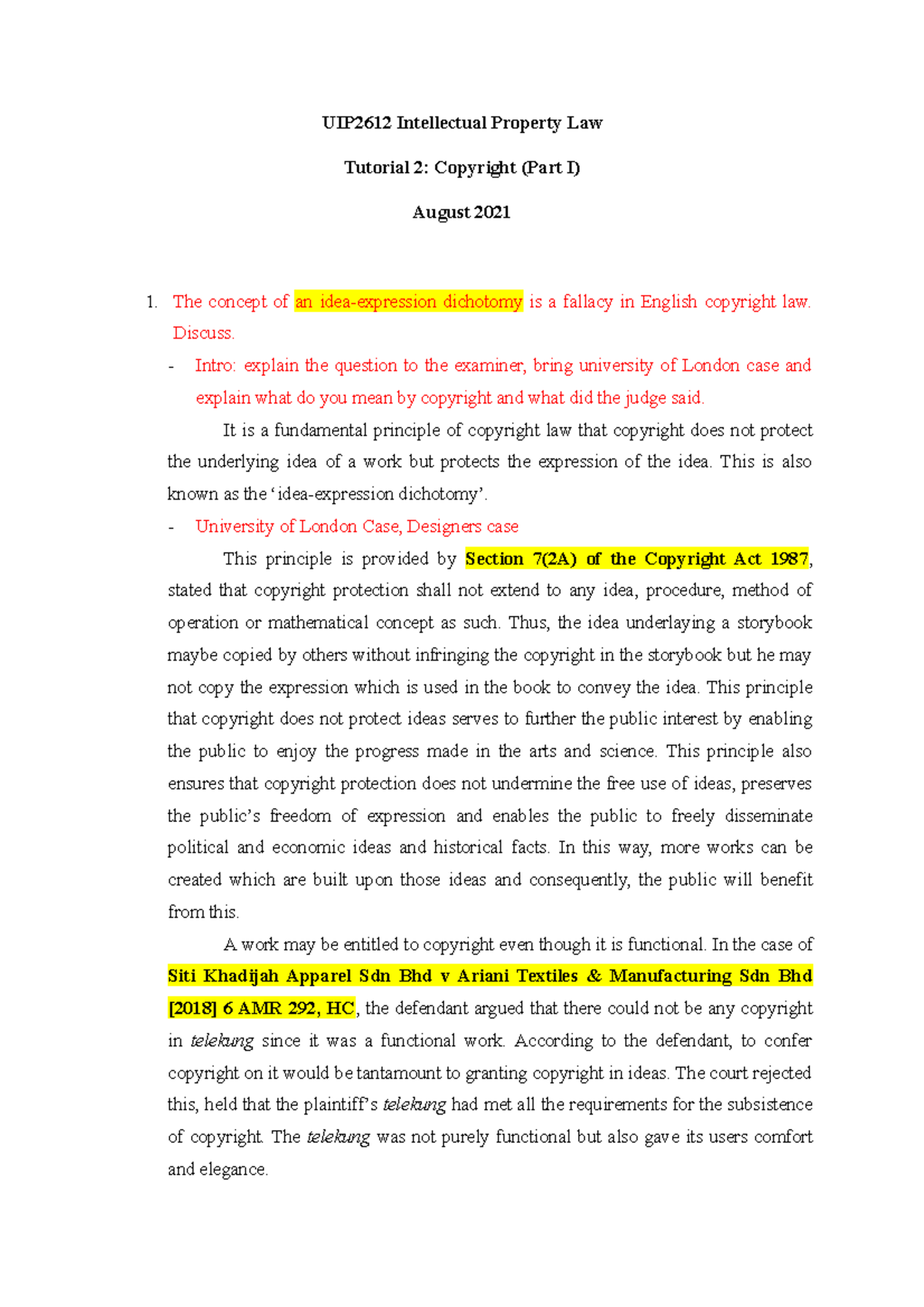 Week 2 Tutorial - Copyright - UIP2612 Intellectual Property Law ...