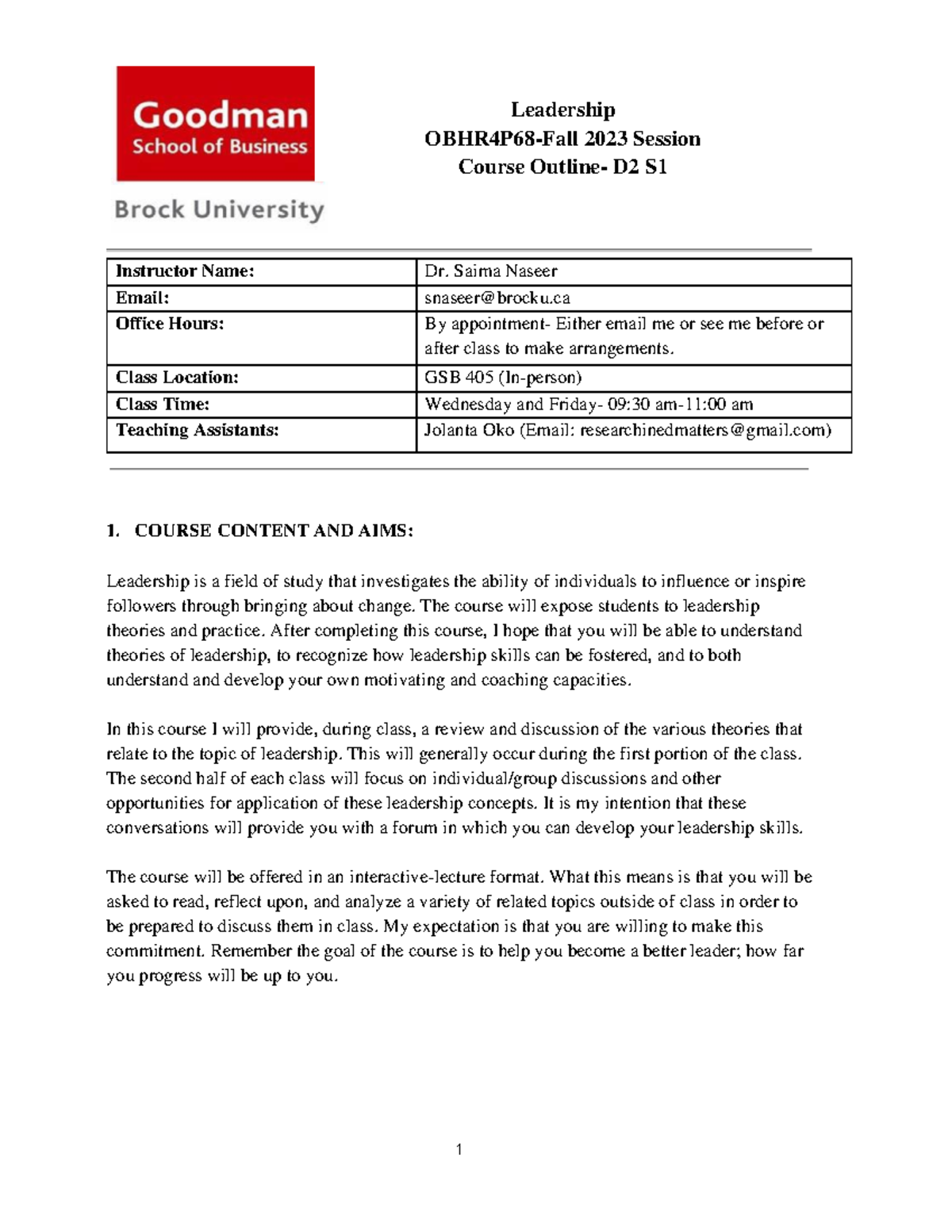 OBHR4P68 D2 S1 Leadership Course Outline Fall 20231 - Instructor Name ...