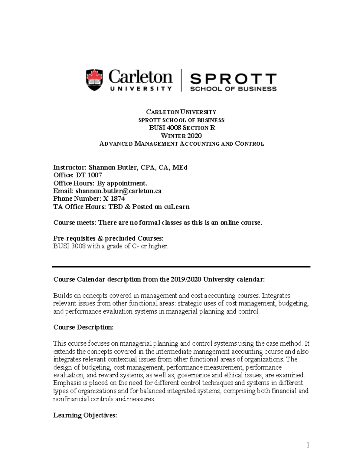 BUSI 4008R Winter 2020 Course Outline - Warning: TT: undefined function: 32 CARLETON UNIVERSITY ...