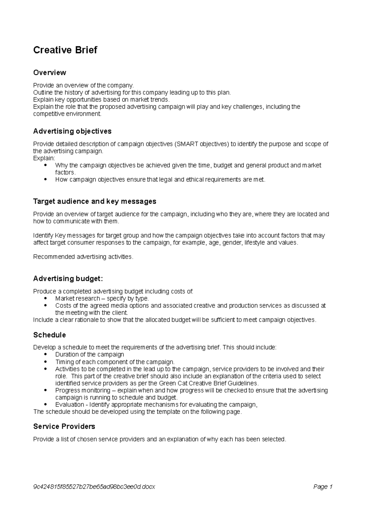 Bsbadv 602 Creative Brief Template - Creative Brief Overview Provide an ...