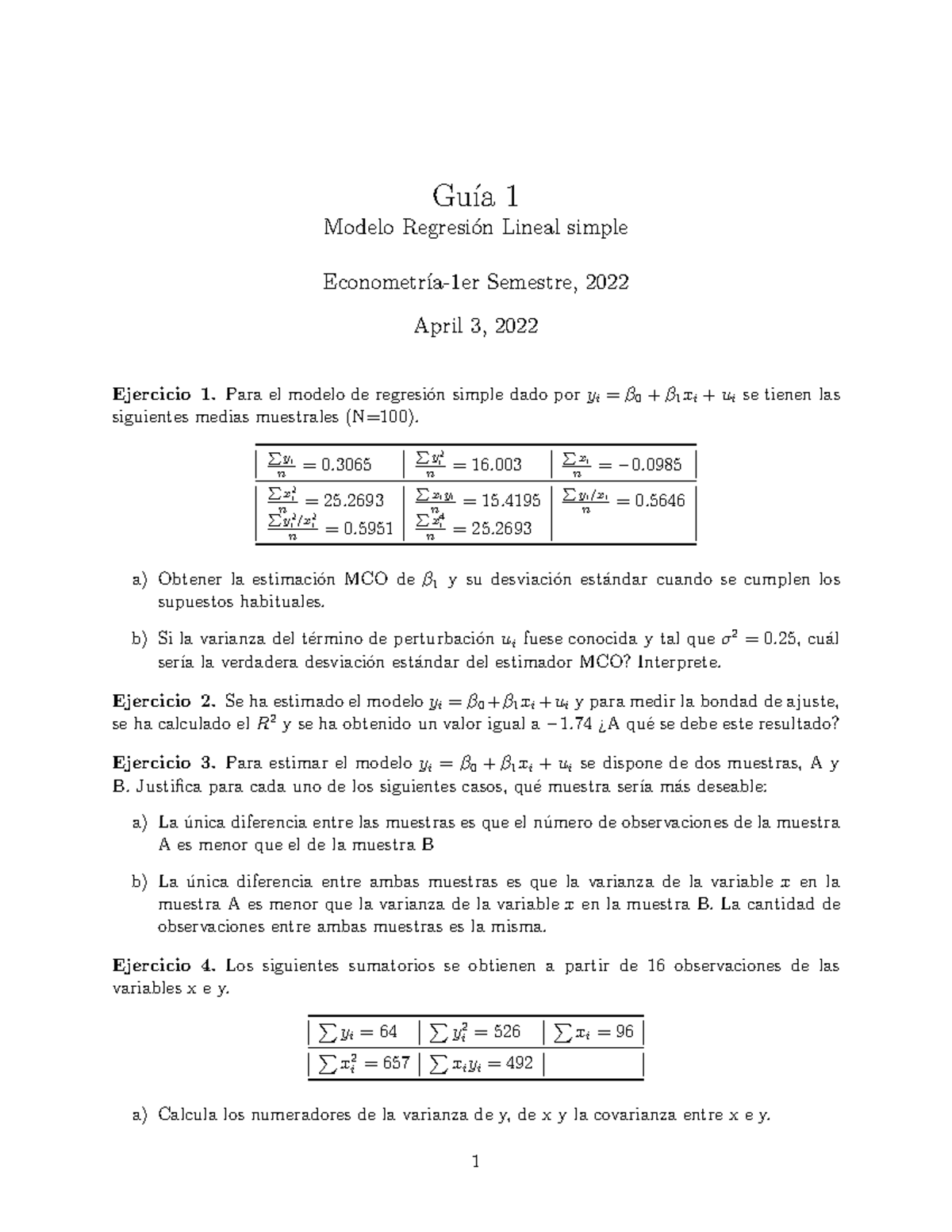 Guia 2-OLS simple - Ejercicios econometricos - Gu ́ıa 1 Modelo Regresi ́on Lineal simple ...