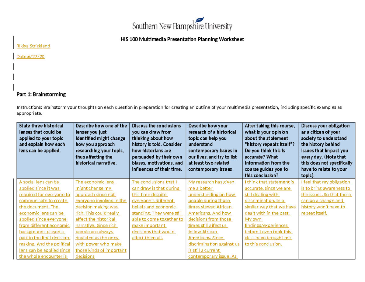 HIS 100 Multimedia Presentation Planning Worksheet - HIS 100 Multimedia ...
