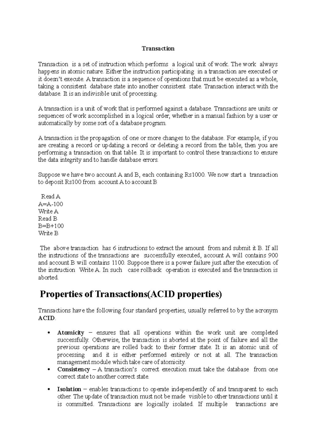 DBMS- Transaction - Useful Notes - Transaction Transaction is a set of ...
