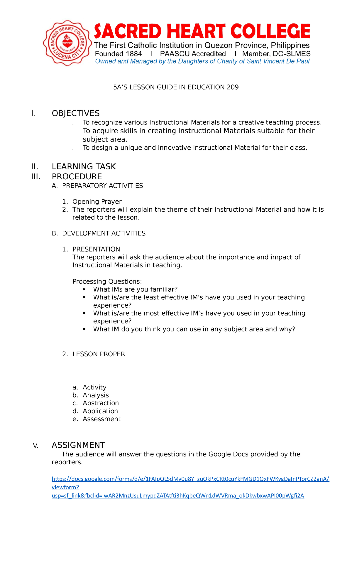 5As-educ-209 - dtykmudyc,liy,lfvtr - 5A’S LESSON GUIDE IN EDUCATION 209 I. OBJECTIVES To ...