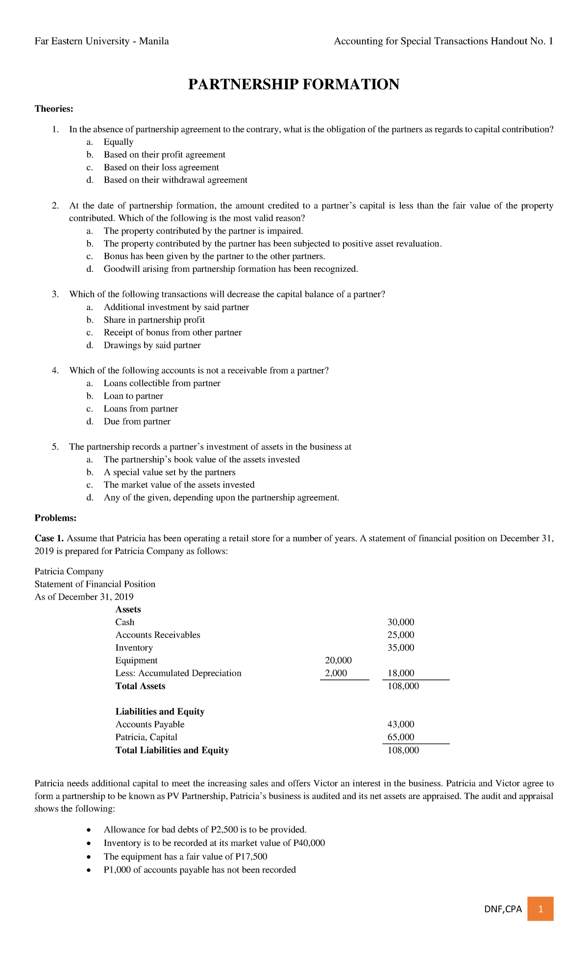 01 Handout Partnership Formation Accounting for Special Transactions Handout No. - Far Eastern ...