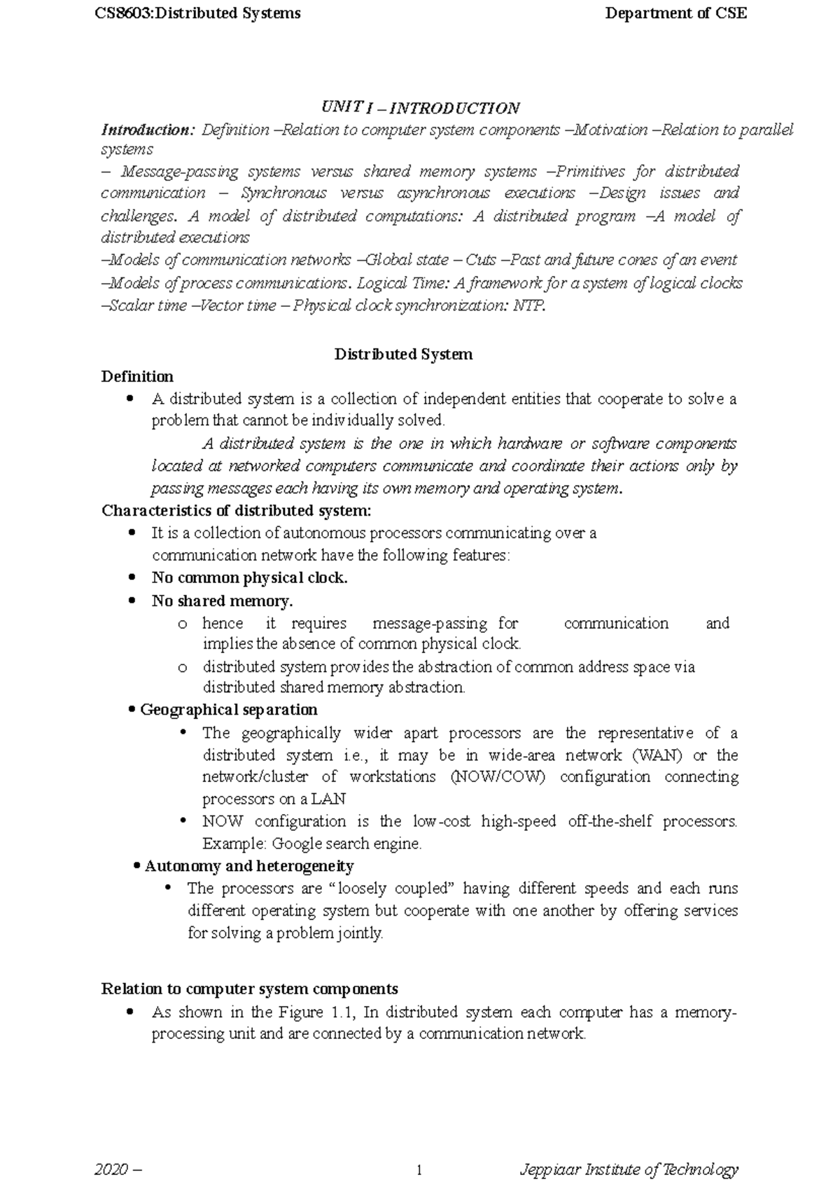 141 - good - CS8603:Distributed Systems Department of CSE 2020 – 1 Jeppiaar Institute of ...