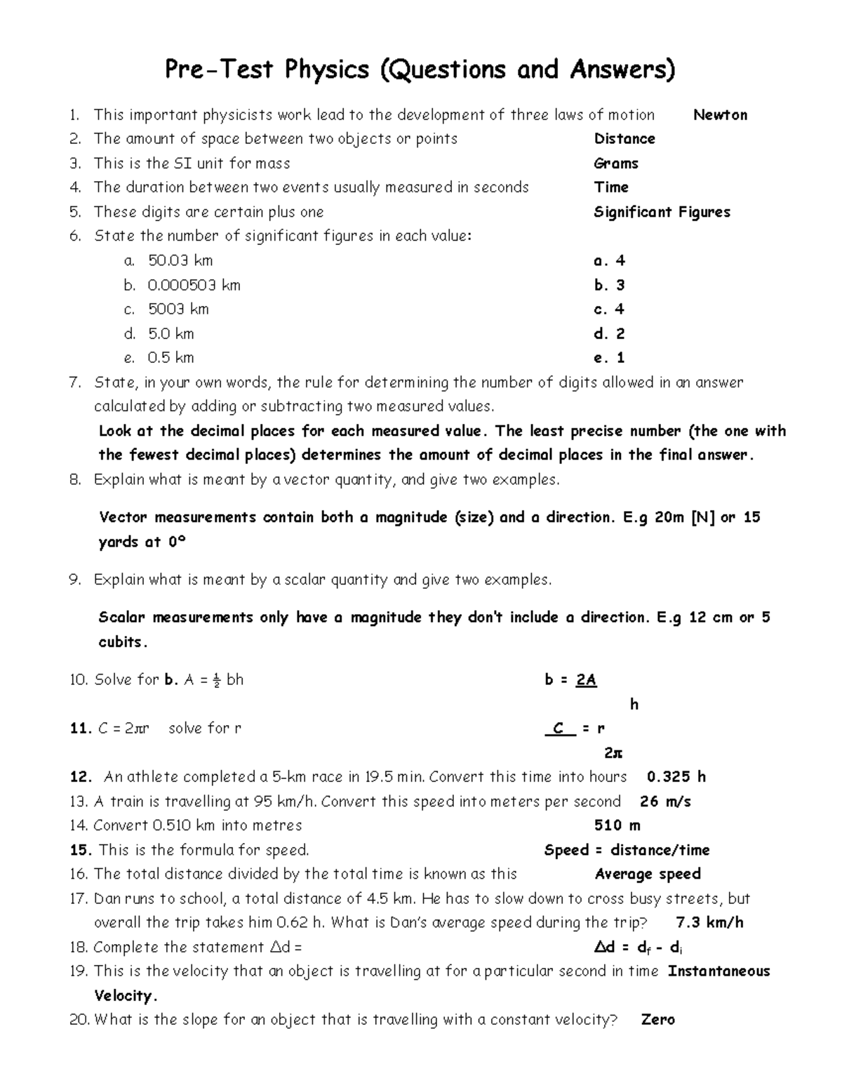Physics Pretest - A Diagnostic Test - Pre-Test Physics (Questions and ...